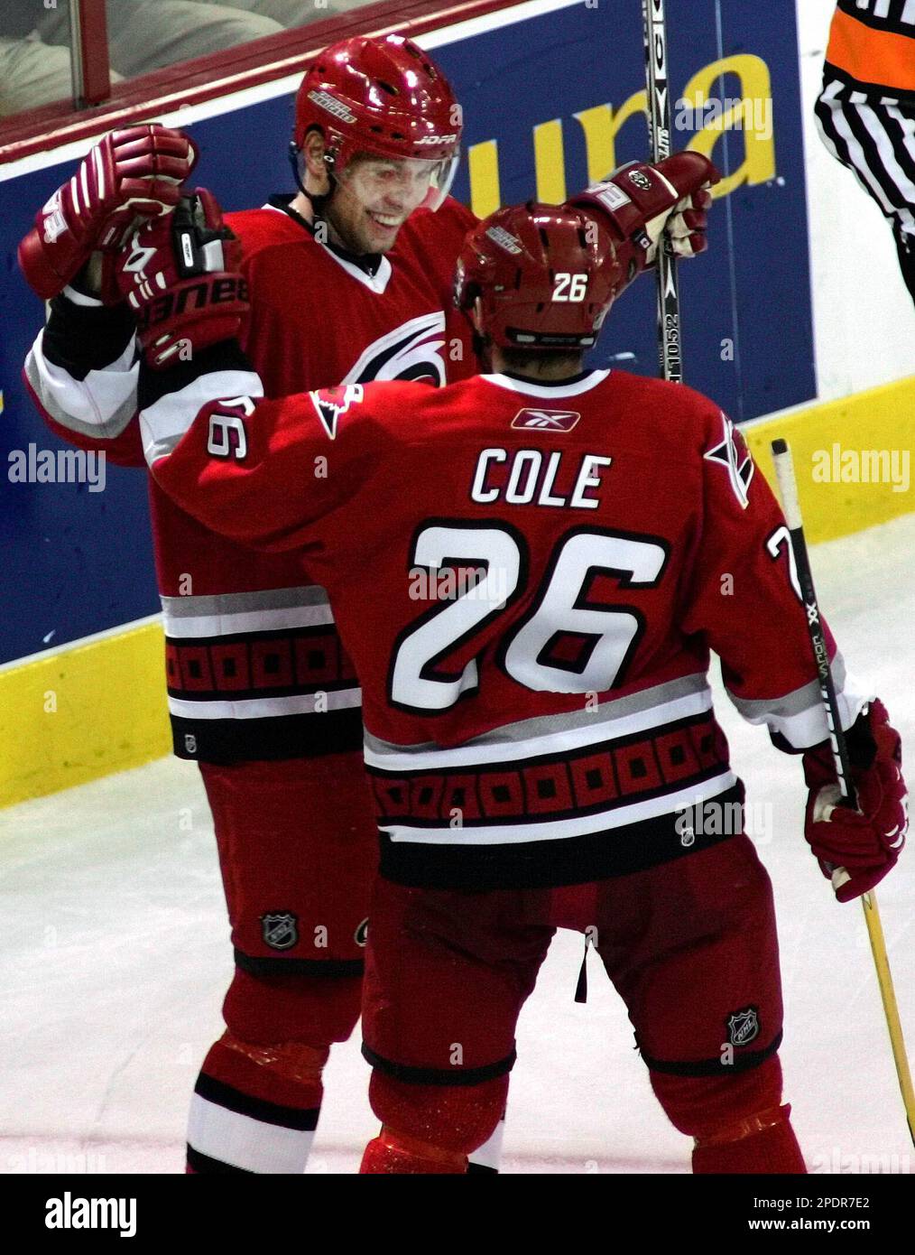 Carolina Hurricanes' Josef Vasicek, left, celebrates his third-period ...