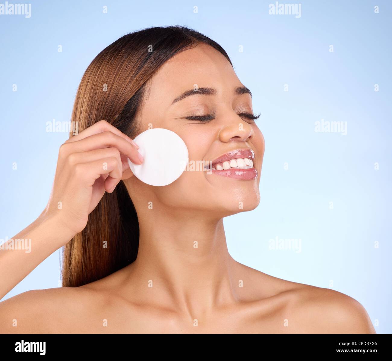 Skincare, woman and cotton pad on face for beauty with dermatology ...