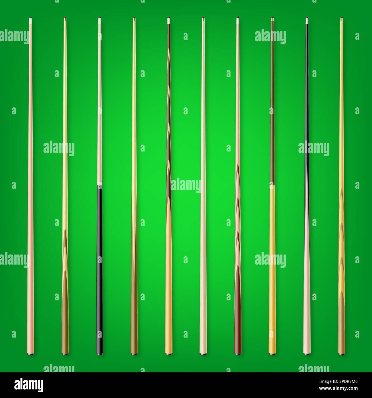 Various wooden billiard cues on green background. Snooker sports equipment. Vintage pool cue ...