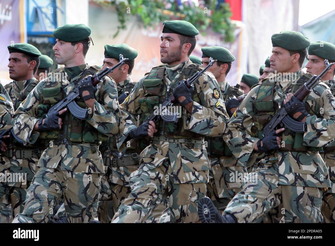 Iranian army members, march, during a parade ceremony, marking the 25th ...
