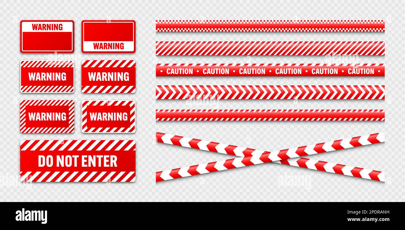 Various barricade construction tapes and warning shields. Red police ...