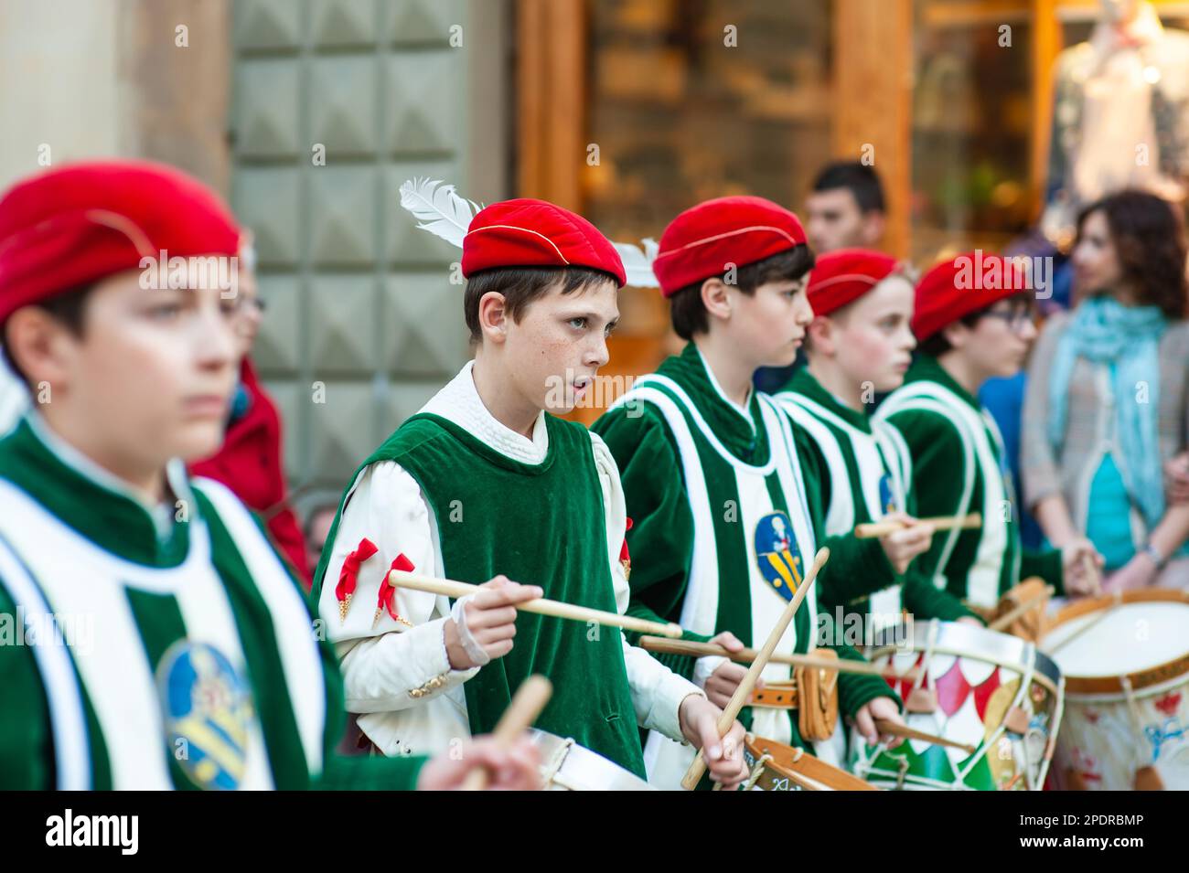 SIENA, ITALY - JULY 2013: Members of the noble Contrada dell'Oca ...