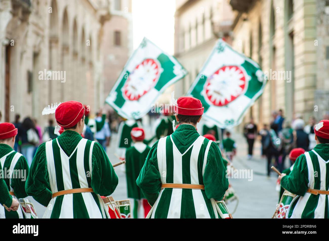SIENA, ITALY - JULY 2013: Members of the noble Contrada dell'Oca ...