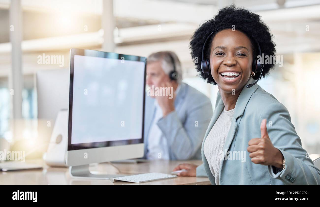 Laughing, portrait and black woman in a call center with a thumbs up ...