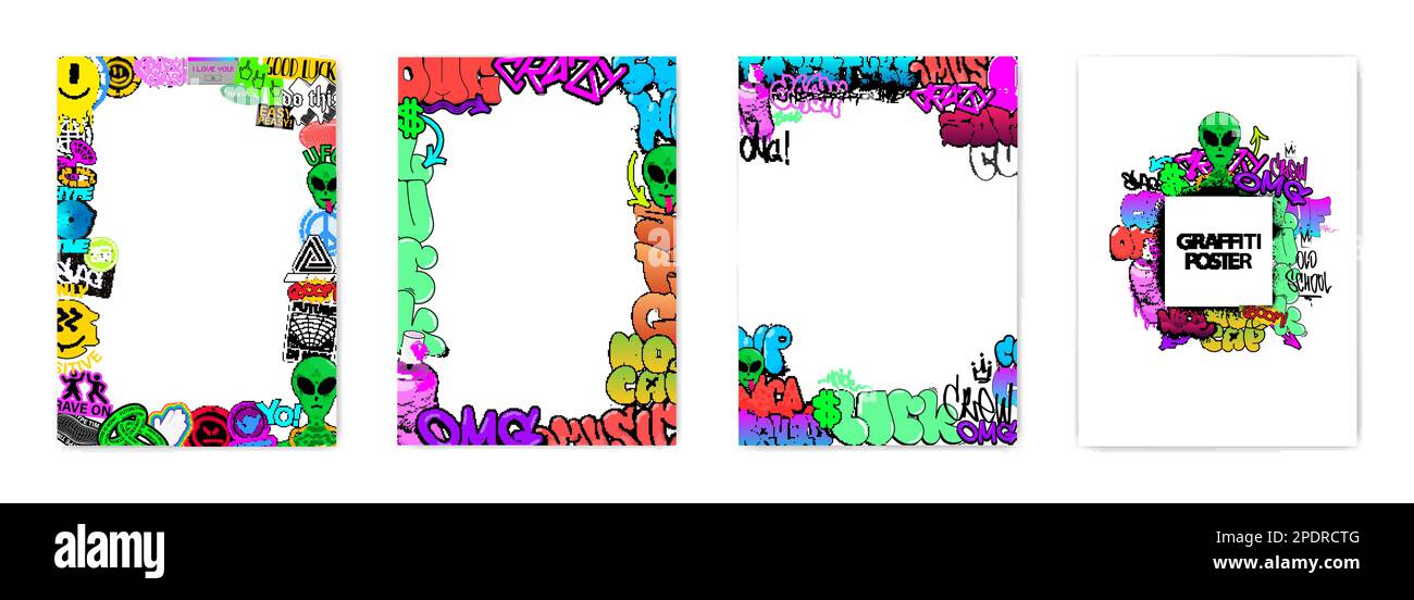 Posters with cartoon graffiti frames, stickers, street tags, art Stock ...