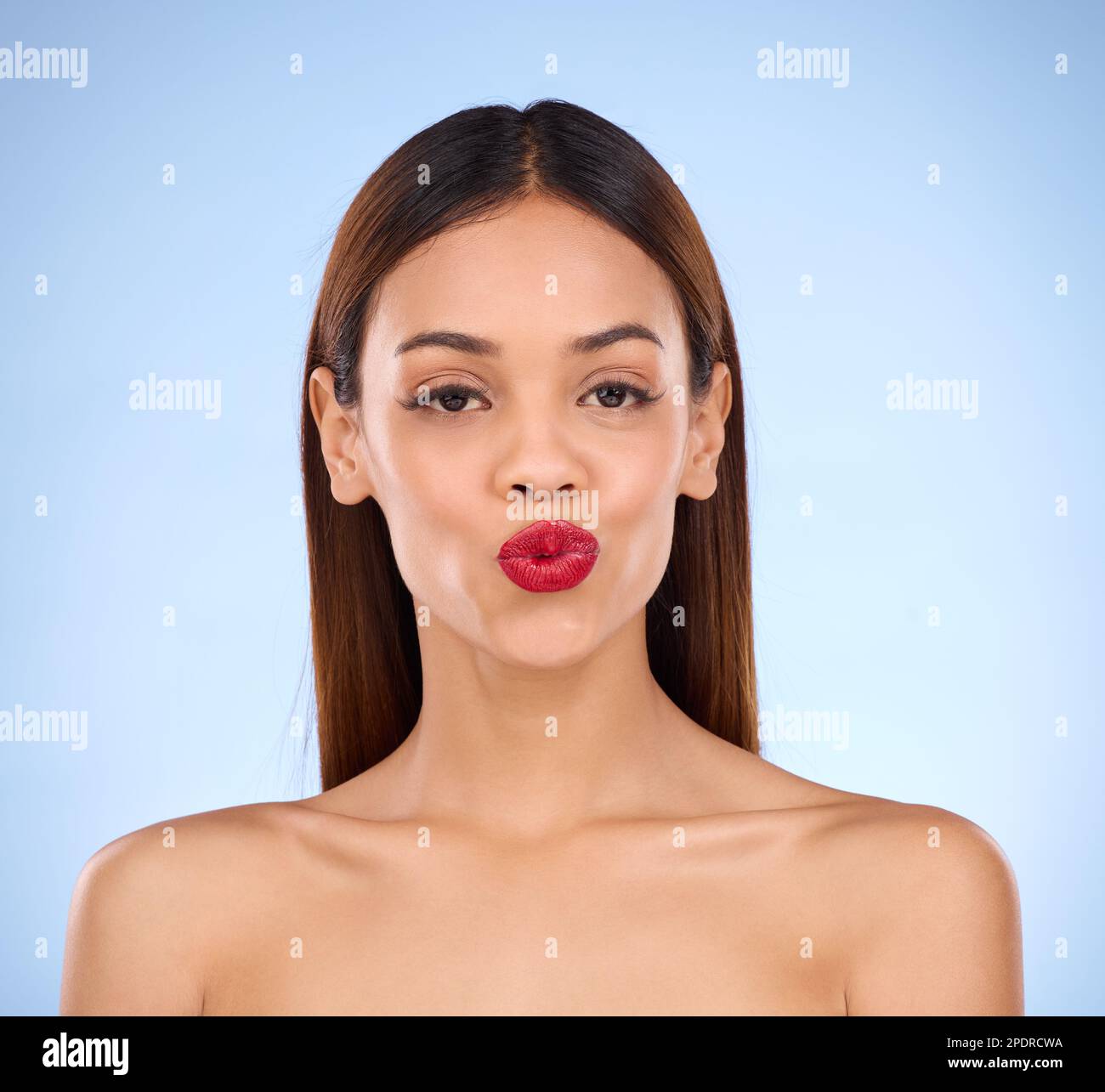 Woman, beauty and red lipstick makeup portrait with cosmetics on face ...