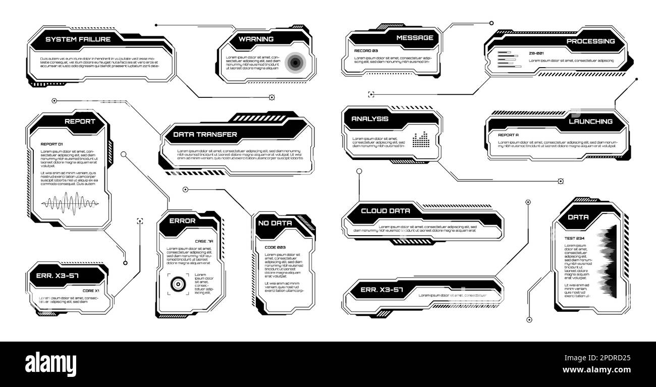Black futuristic HUD, UI elements. Sci-fi user interface text boxes ...