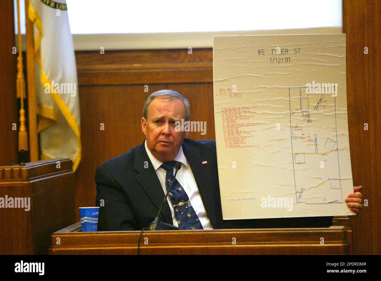 Boston Police Sgt. William Fogerty holds a crime scene diagram he made ...