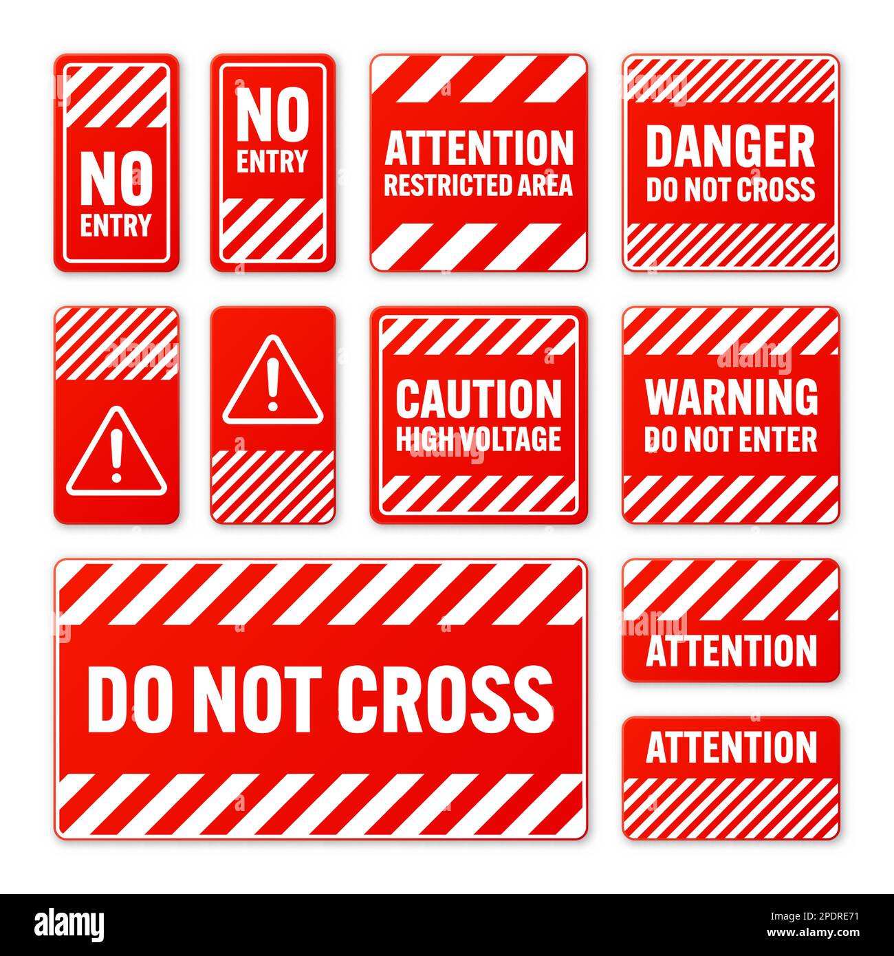 Various white and red warning signs with diagonal lines. Attention ...