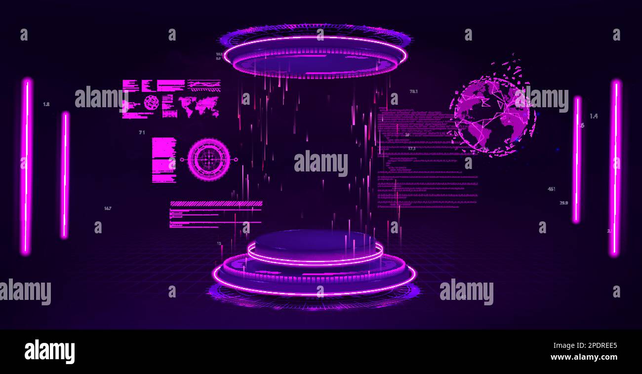 Purple 3D futuristic lab with hologram podium. 3D capsule with Sci-fi ...