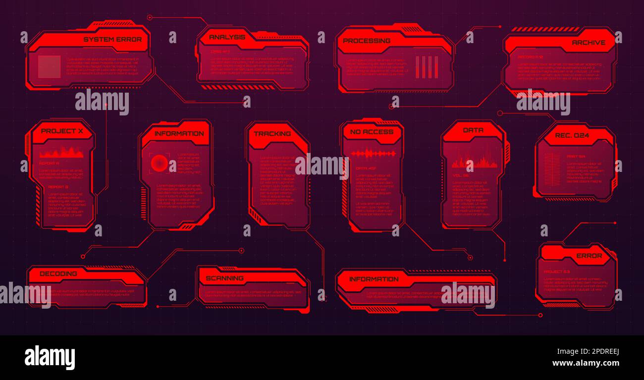 Red futuristic HUD or UI elements. Sci-fi user interface text boxes, callouts. Warning message ...