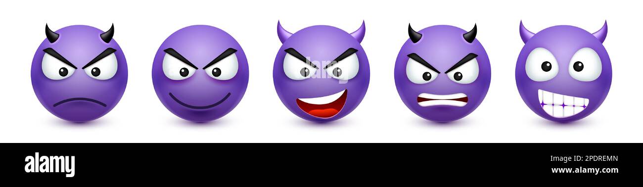 Cartoon emoji, emoticons collection. Violet face with emotions, mood ...