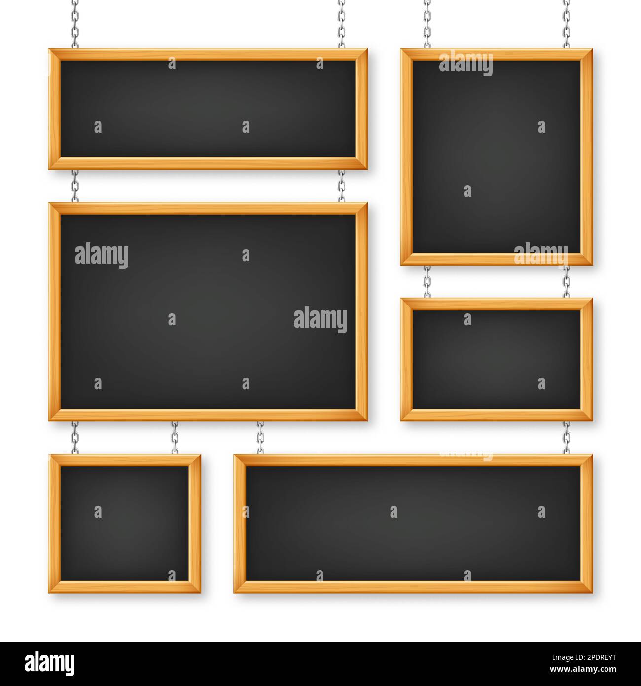 Signboards in a wooden frame hanging on a metal chain. Restaurant menu ...