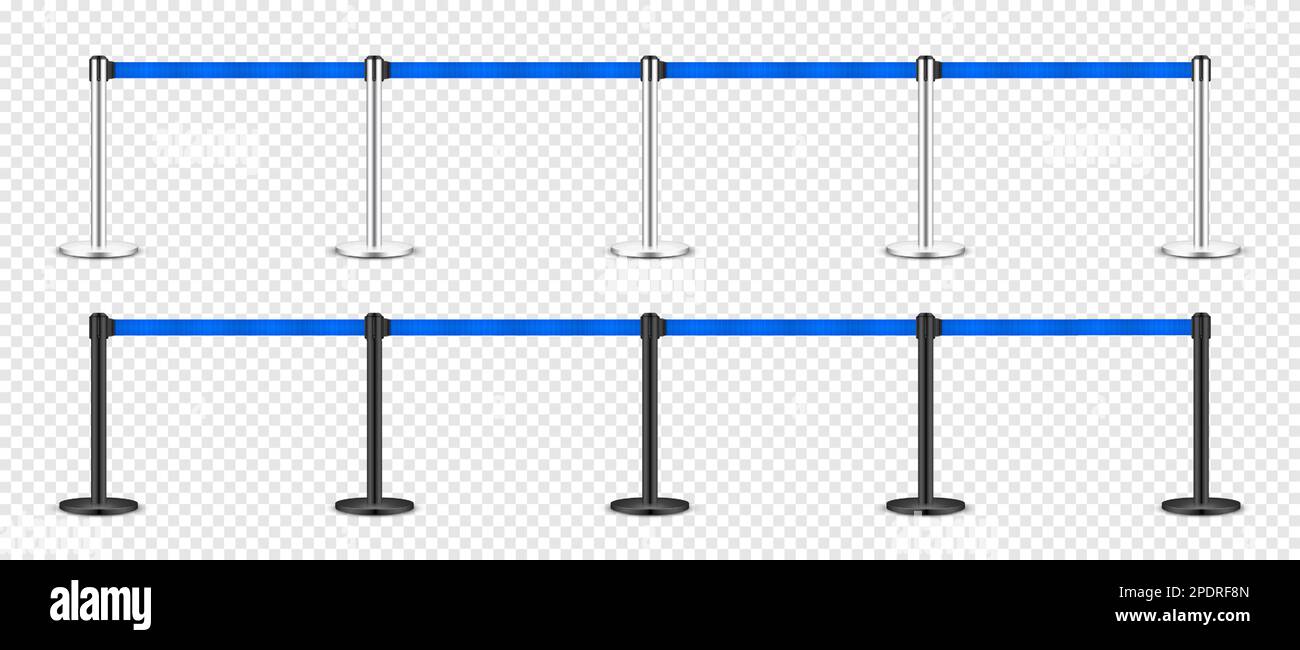 Realistic blue retractable belt stanchion. Crowd control barrier posts ...