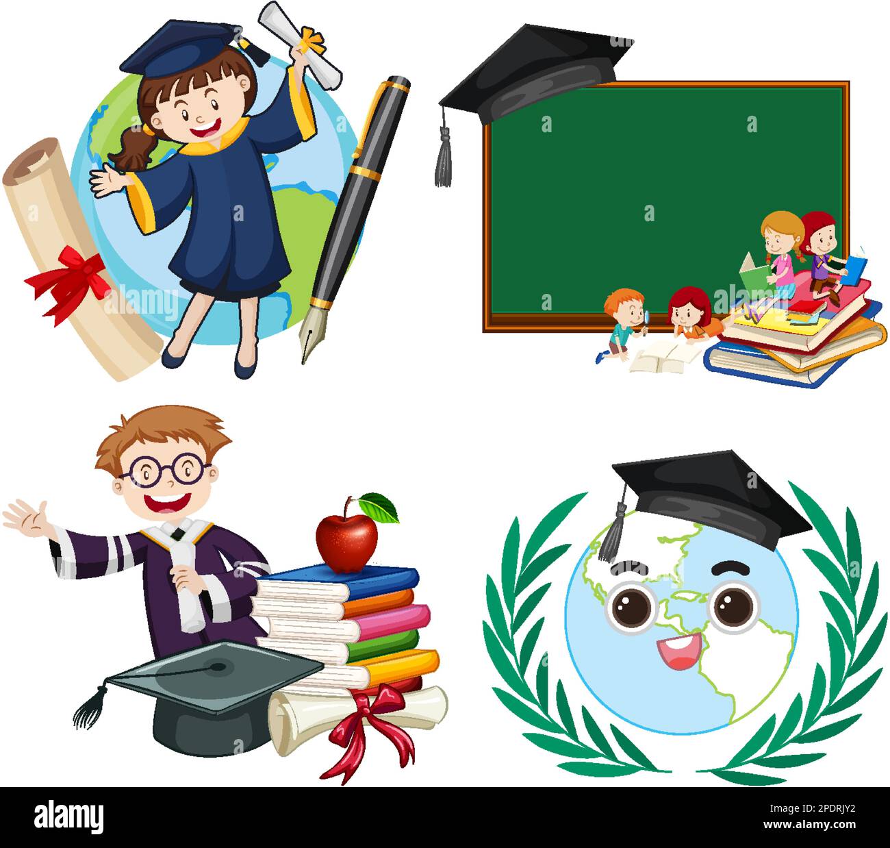 Earth Graduation Cartoon Icons Set illustration Stock Vector Image ...
