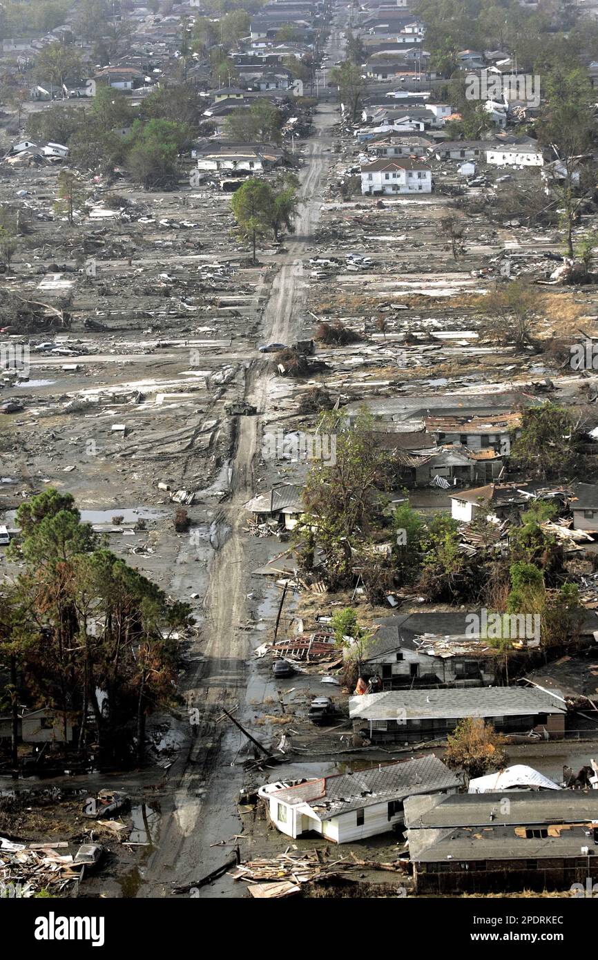 The aftermath of floodwaters from Hurricane Katrina is shown in a ...