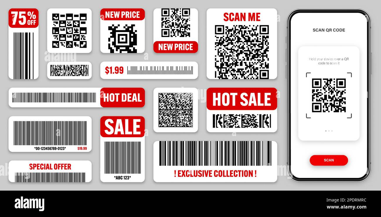 Product barcodes and QR codes. Smartphone application, scanner app. Sale stickers, discount ...