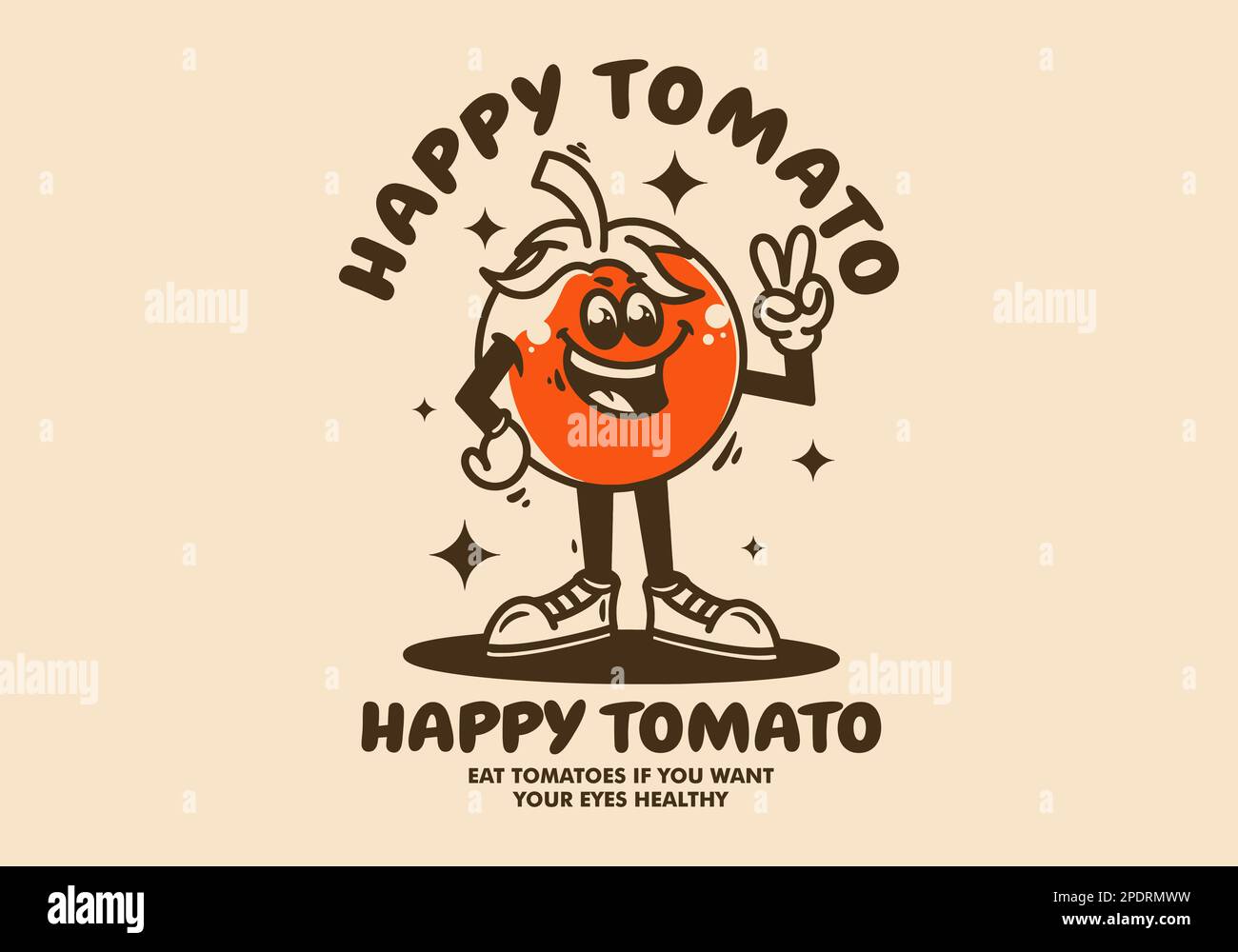 Mascot character design of a standing tomato with hands forming a peace ...