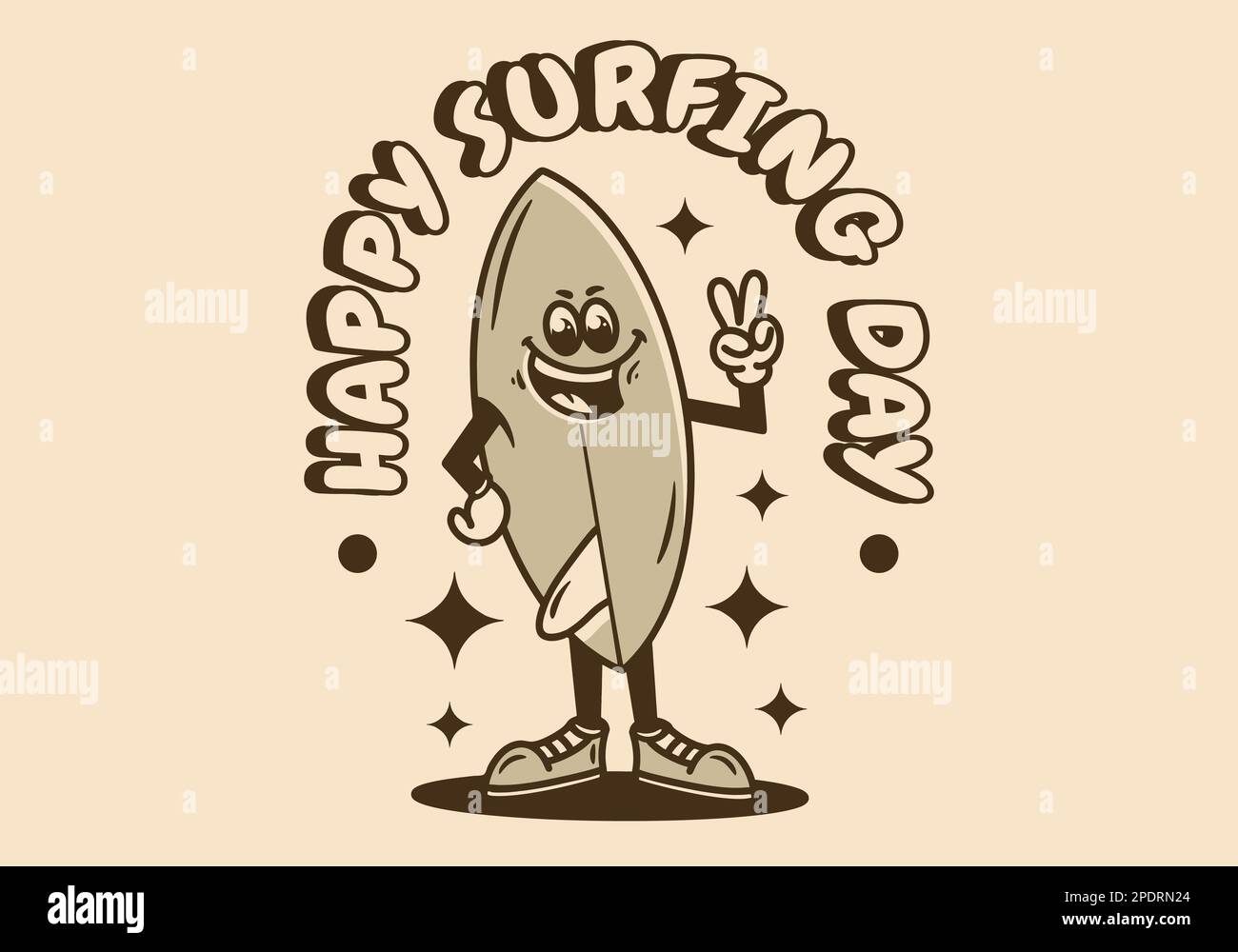 Mascot character design of a standing surfboard with hands forming a ...