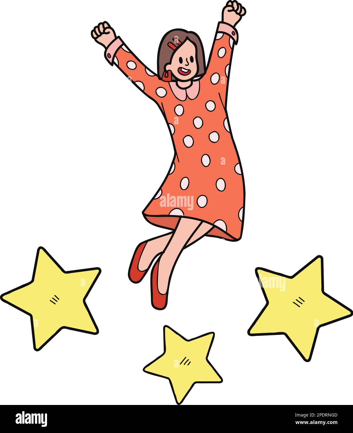 Businesswoman jumping with stars illustration in doodle style isolated ...