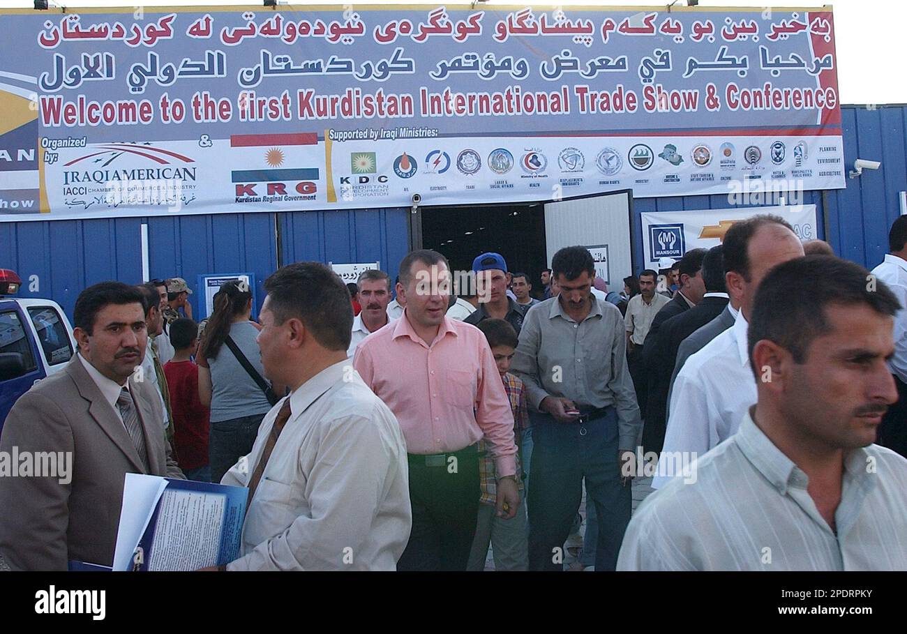 People visit the first Kurdistan International trade show in Irbil, a city in the Kurdish ...