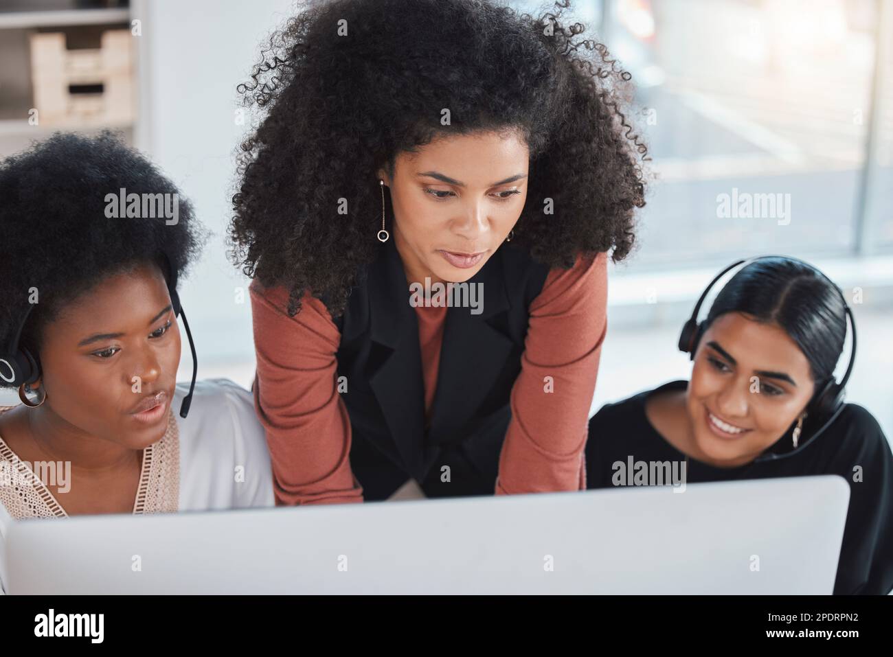 Call center, mentor and coaching with people in office for training ...
