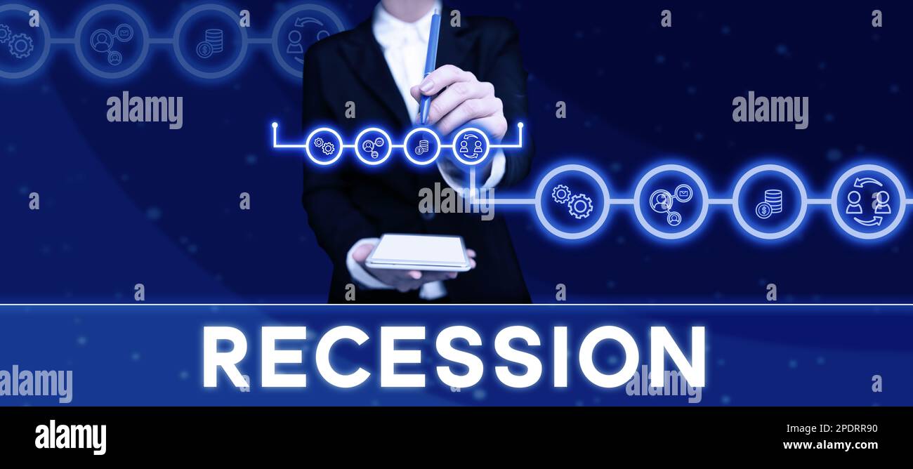 Conceptual caption Recession. Word Written on the process of progressive decrease in growing ...