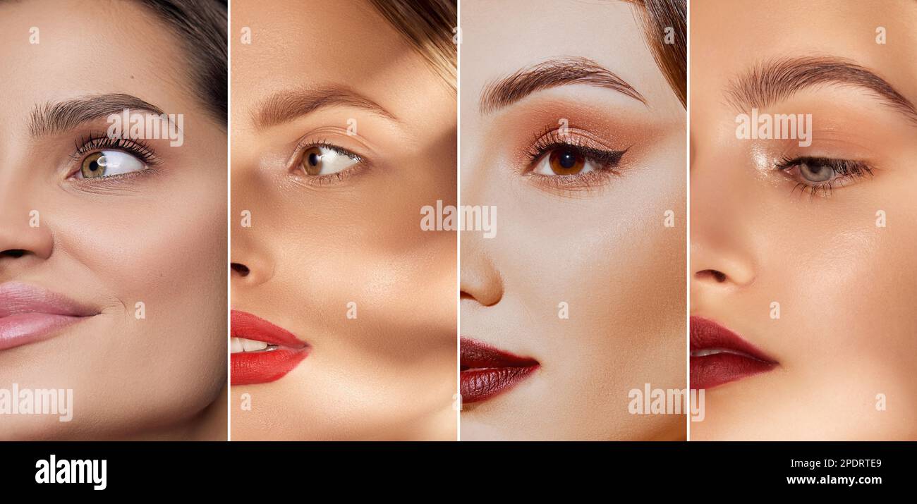 Collage. Close-up side view images of diverse female faces with well ...