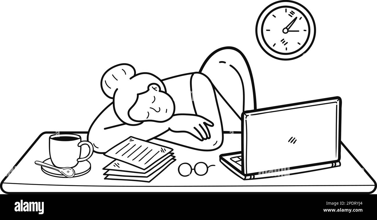 business woman resting on the desk illustration in doodle style ...