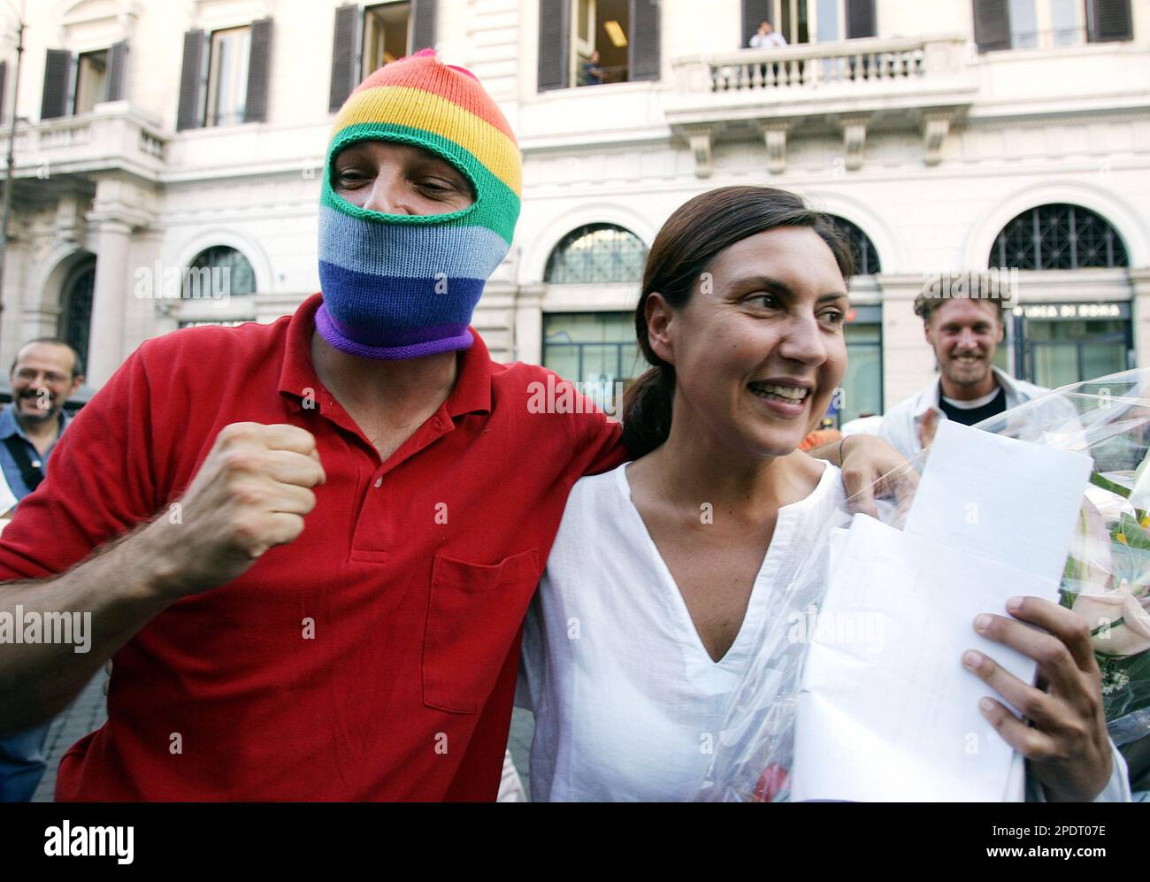 Italian Disobbedienti (Disobedient) activists present their stand-in ...