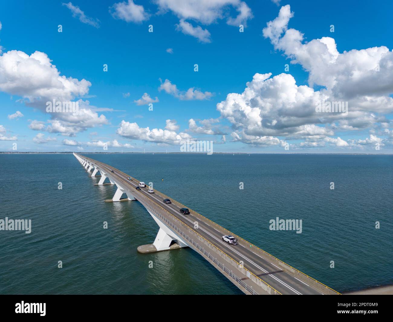 Aerial view of the Zeeland Bridge in the estuary Oosterschelde ...
