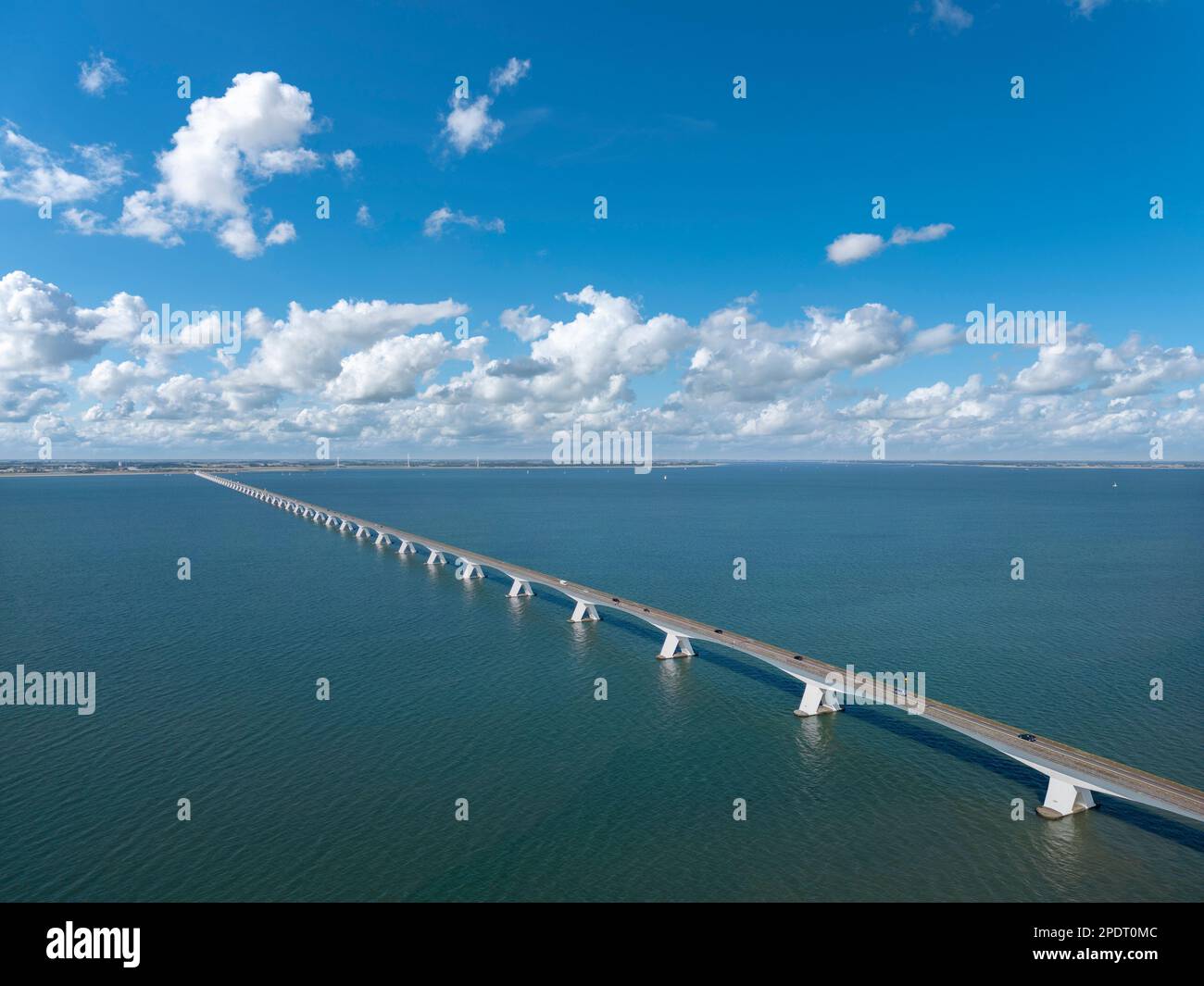 Aerial view of the Zeeland Bridge in the estuary Oosterschelde ...