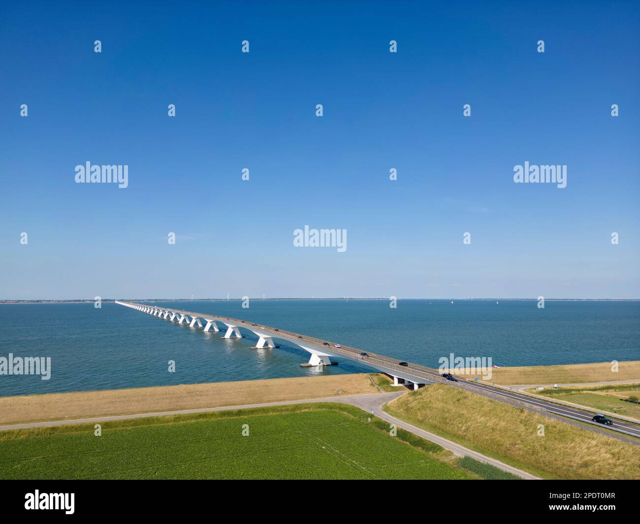 Aerial view of the Zeeland Bridge in the estuary Oosterschelde ...