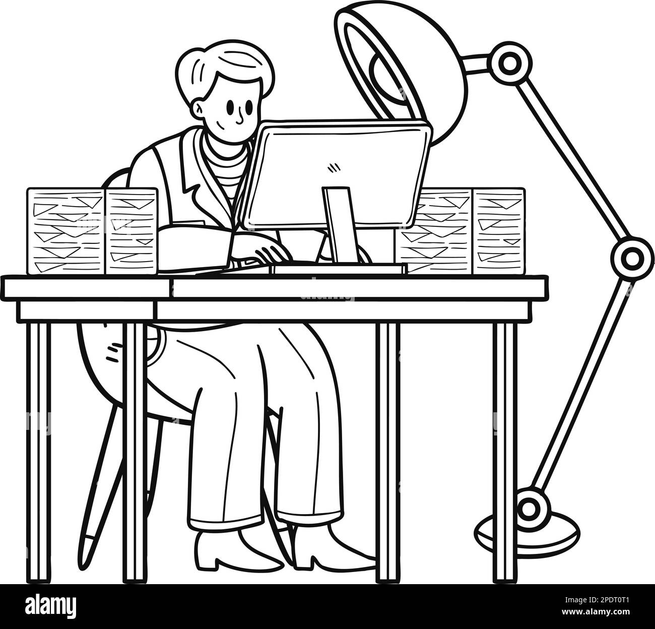 business man sitting and working at computer illustration in doodle ...