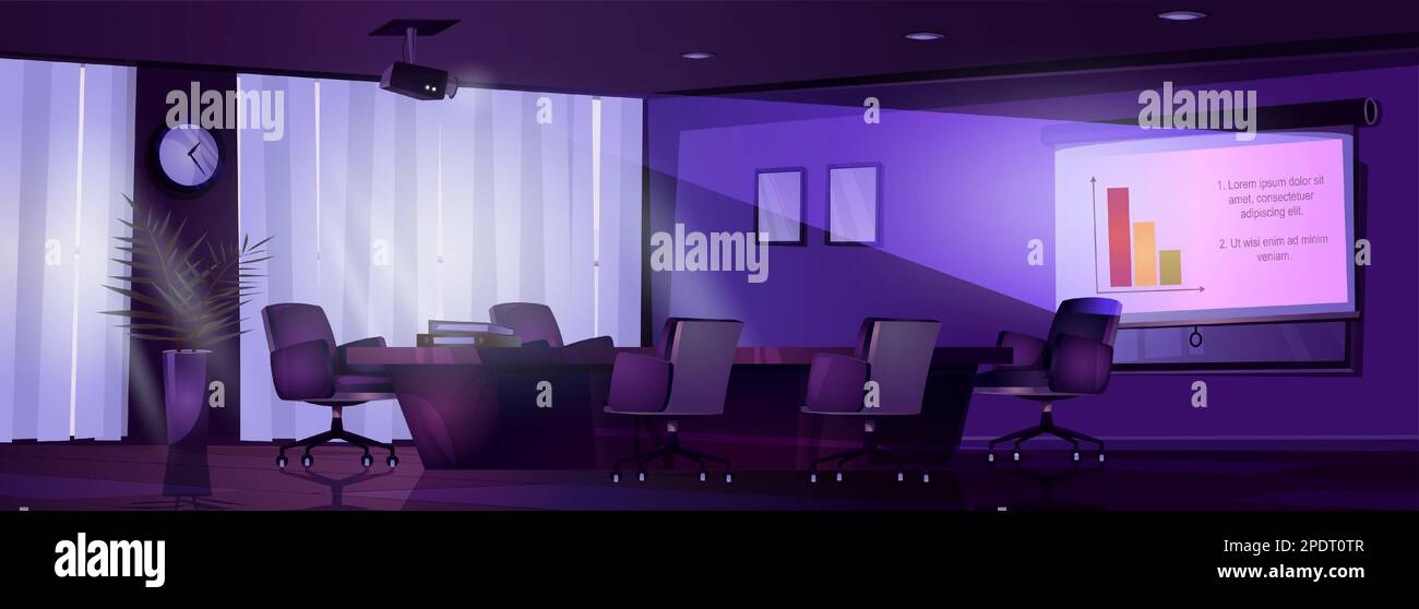 Cartoon boardroom interior design at night. Vector illustration of dark ...
