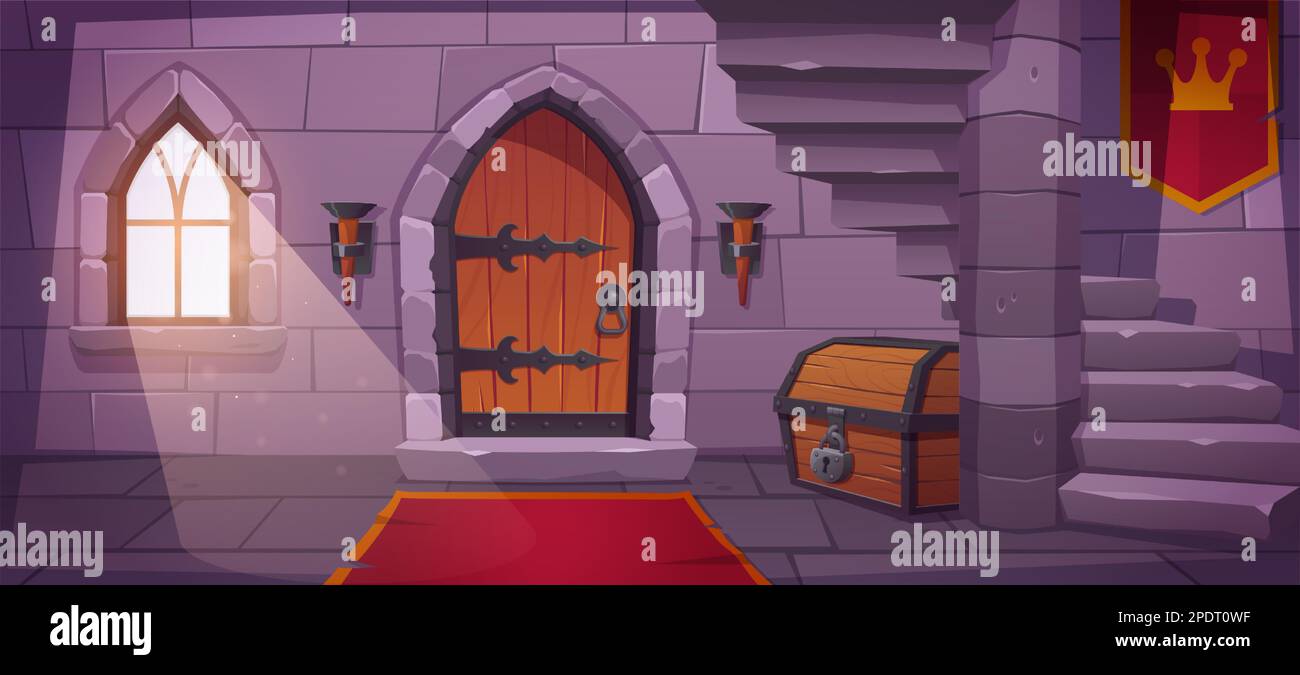 Underground dungeon in castle basement with old wooden door. Vector ...