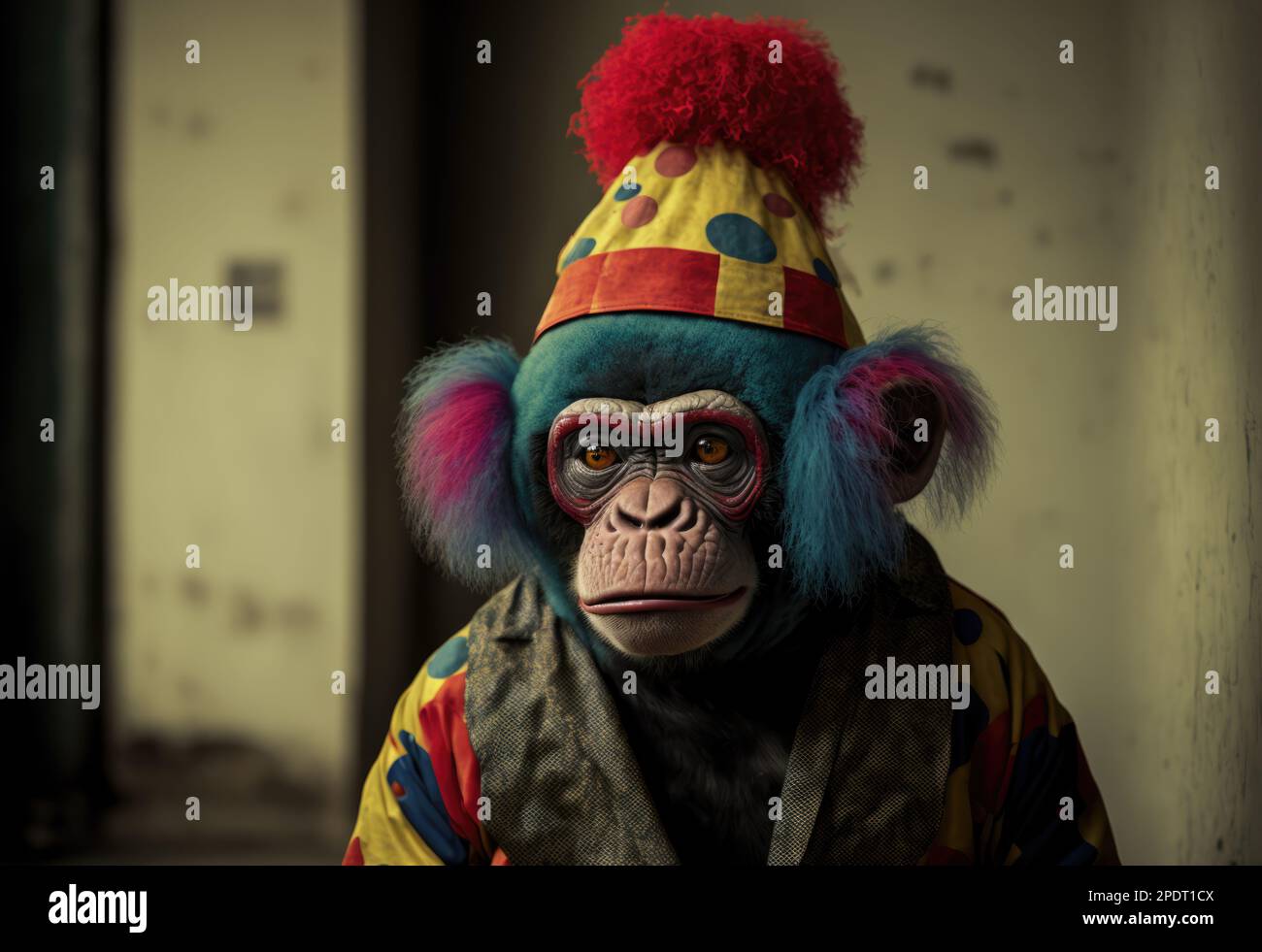 chimpanzee monkey dressed as a clown looking sad. Generative AI Stock ...