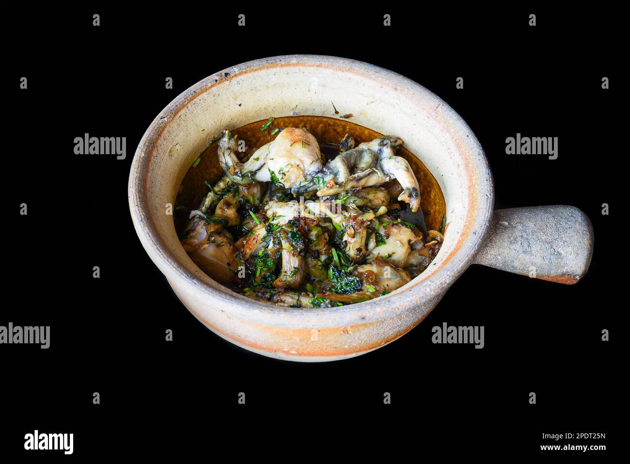 stewed frog stew in a pot isolated on black background close up Stock ...