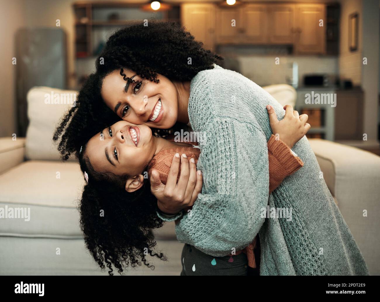 Family, portrait or happy child hug mother for Mothers Day, home ...