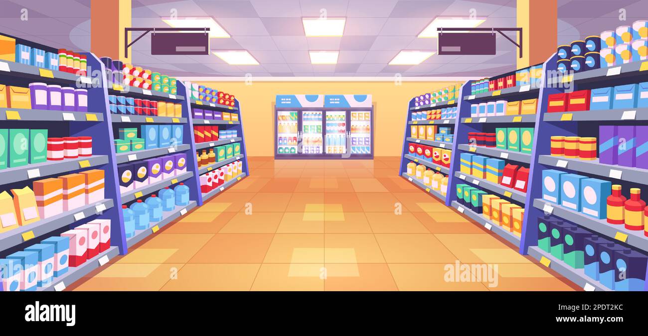 Supermarket aisle perspective view. Vector cartoon illustration of ...