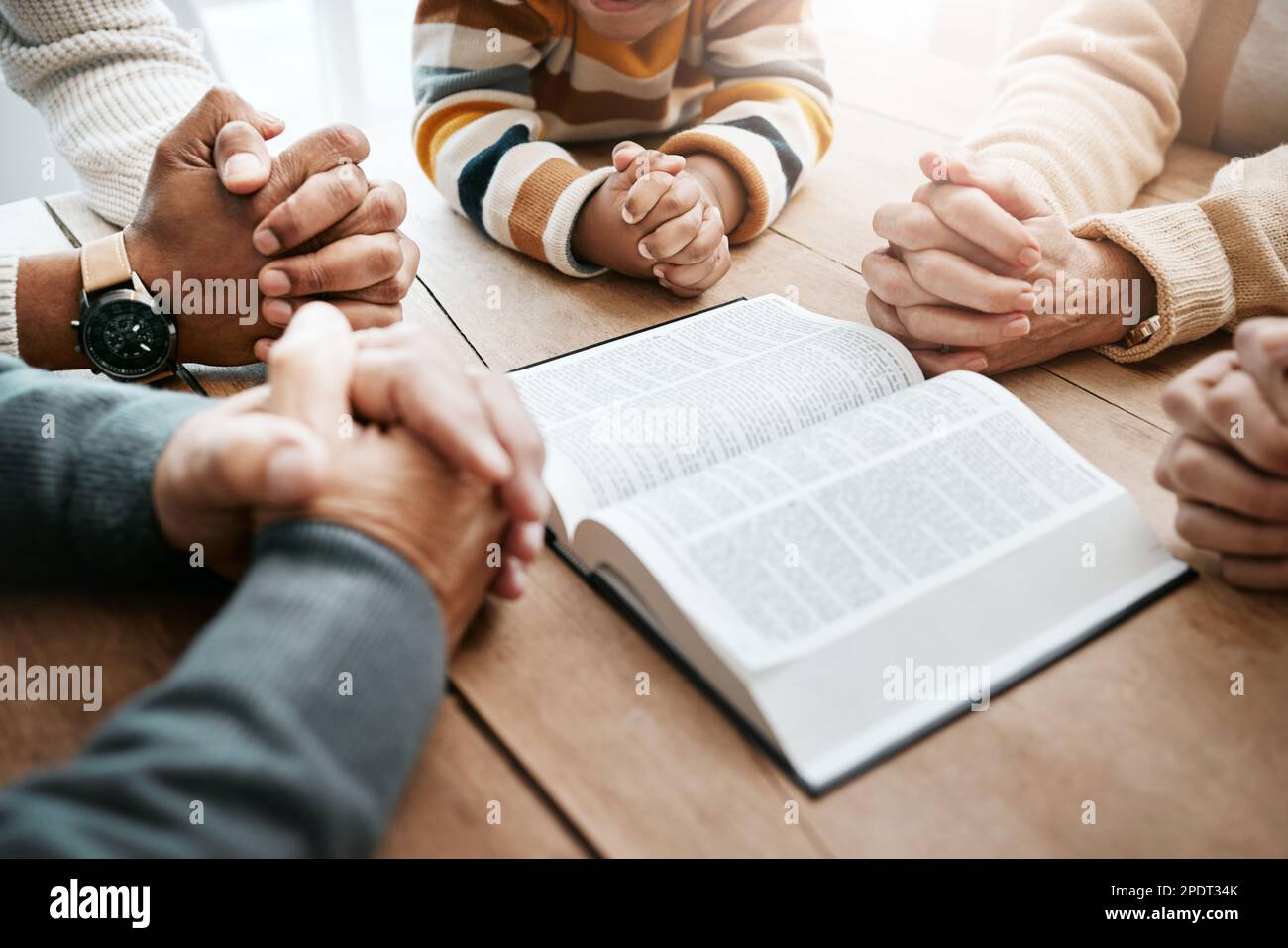 Bible, reading book or hands of big family in prayer, support or hope ...