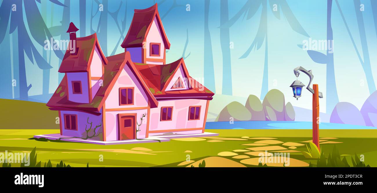 Nice rural house on forest glade near lake. Vector cartoon illustration ...