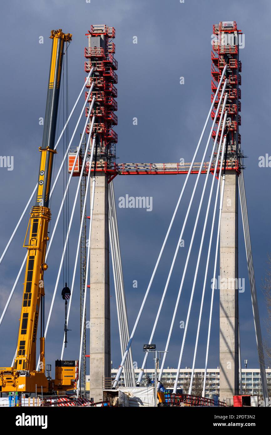 Magdeburg, Germany. 15th Mar, 2023. A crane stands in front of the ...