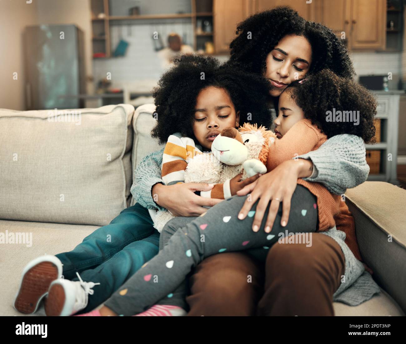 Family, sleep or children hug mother for Mothers Day, home bonding or ...