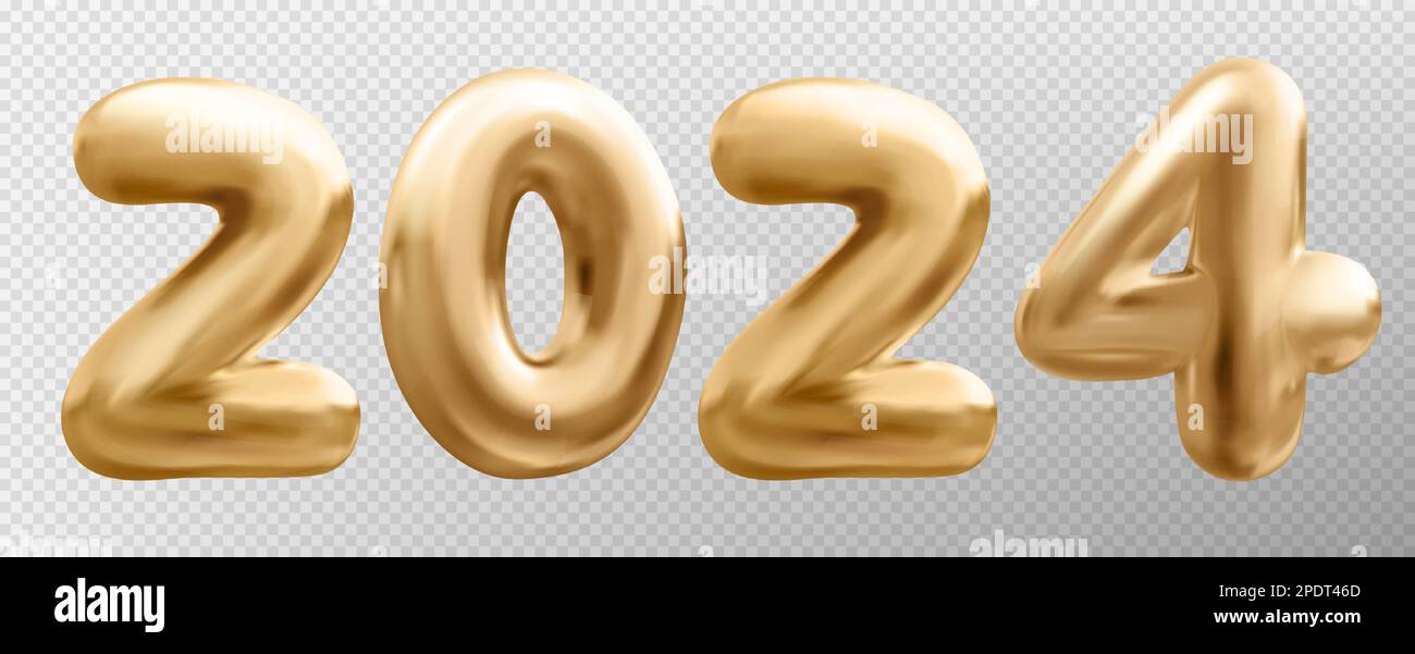3d gold balloon number 2024 new year, realistic isolated vector. Golden ...