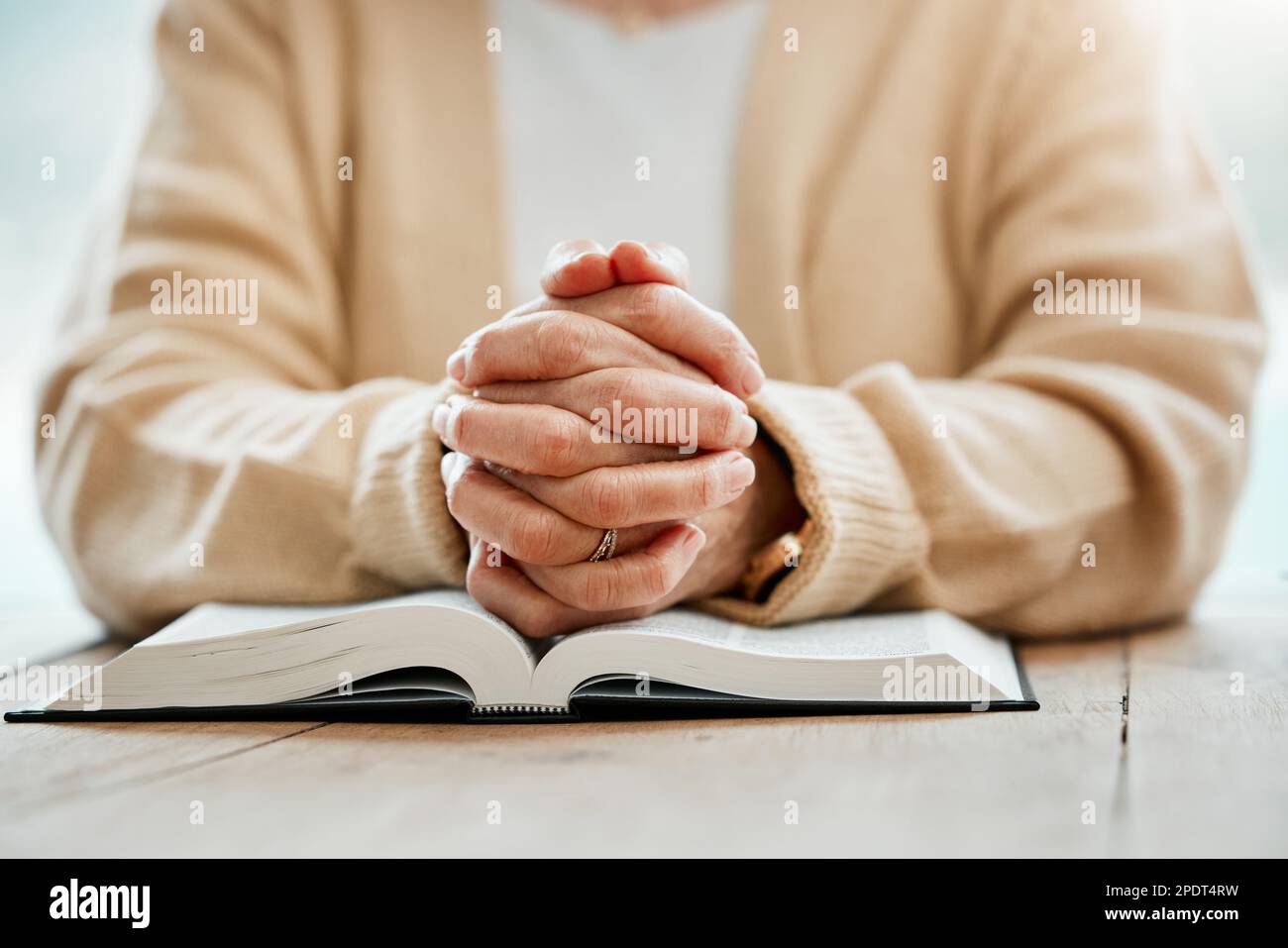 Bible, praying or hands of woman in prayer reading book for holy ...
