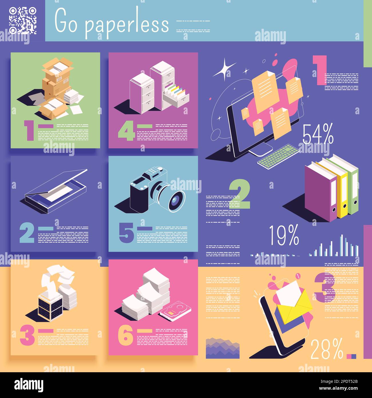 Go paperless isometric color infographics with paper documents and ...