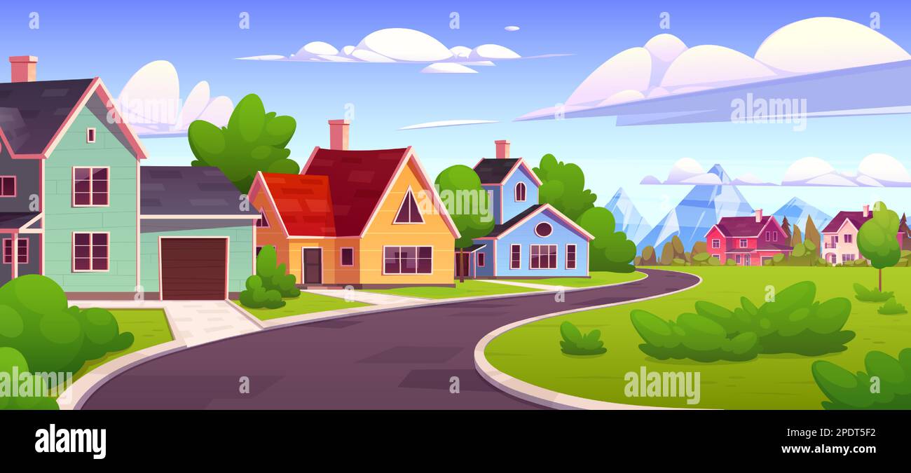 Suburban town street against mountain background. Vector cartoon ...