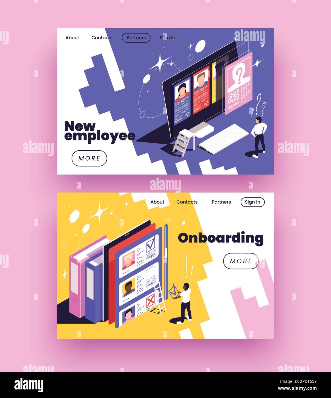Set of two horizontal color isometric new employee onboarding banners ...