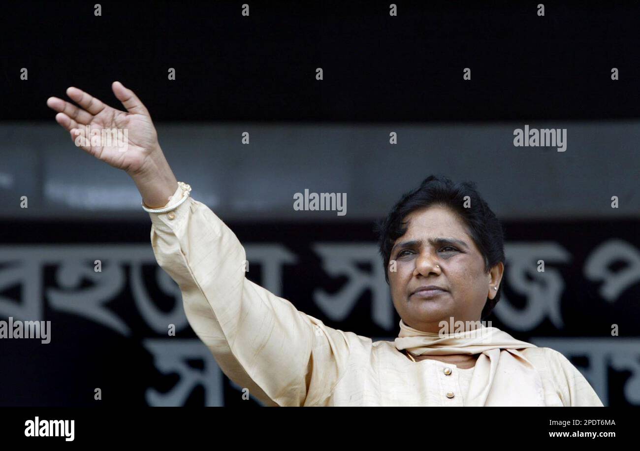Leader of Bahujan Samaj Party Mayawati waves to supporters during a ...